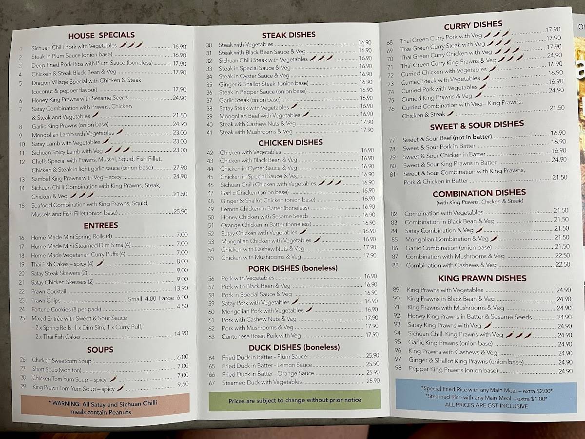 Menu at Dragon Village restaurant, Naracoorte