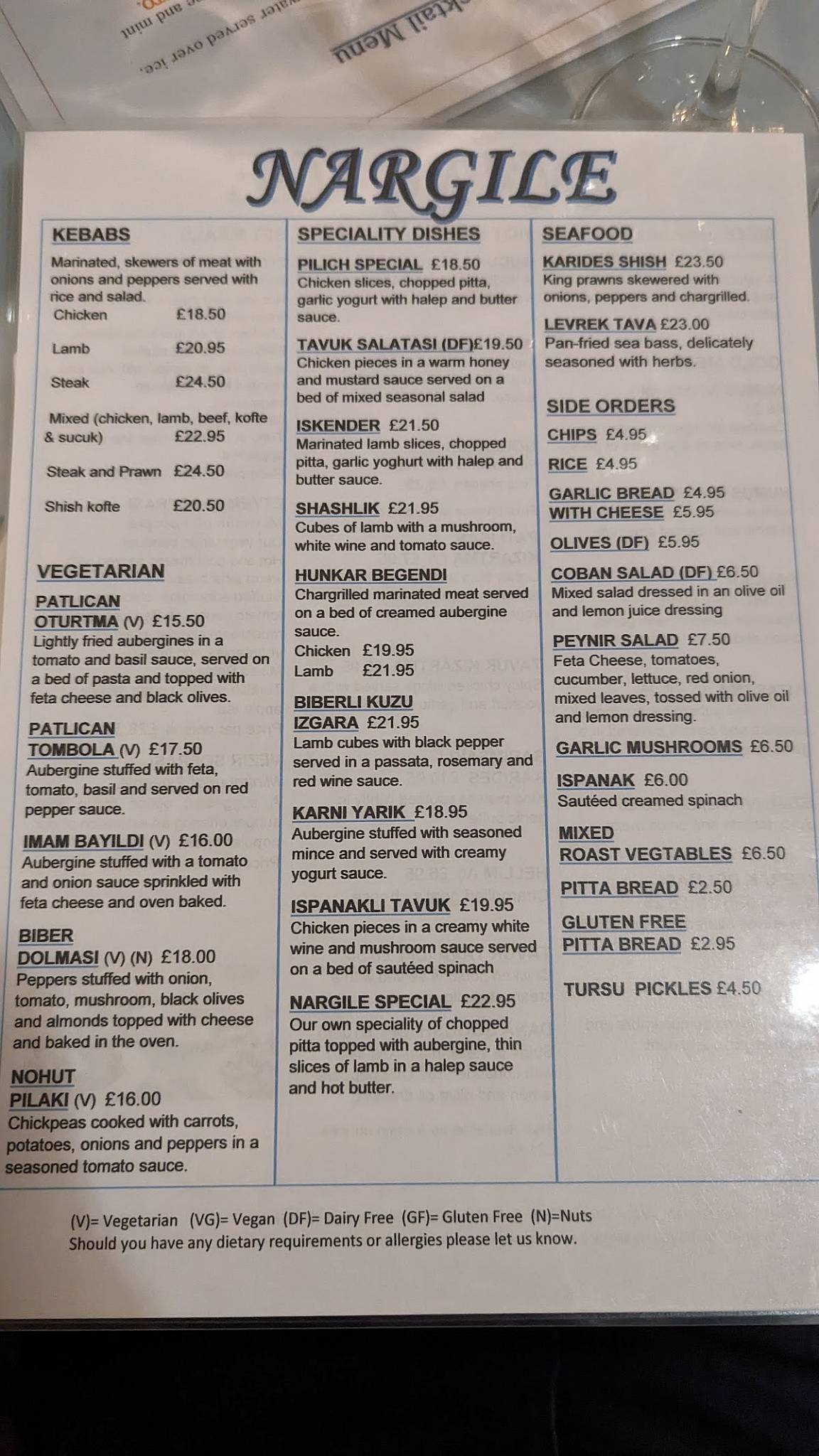 Menu at Nargile Restaurant, Aberdeen