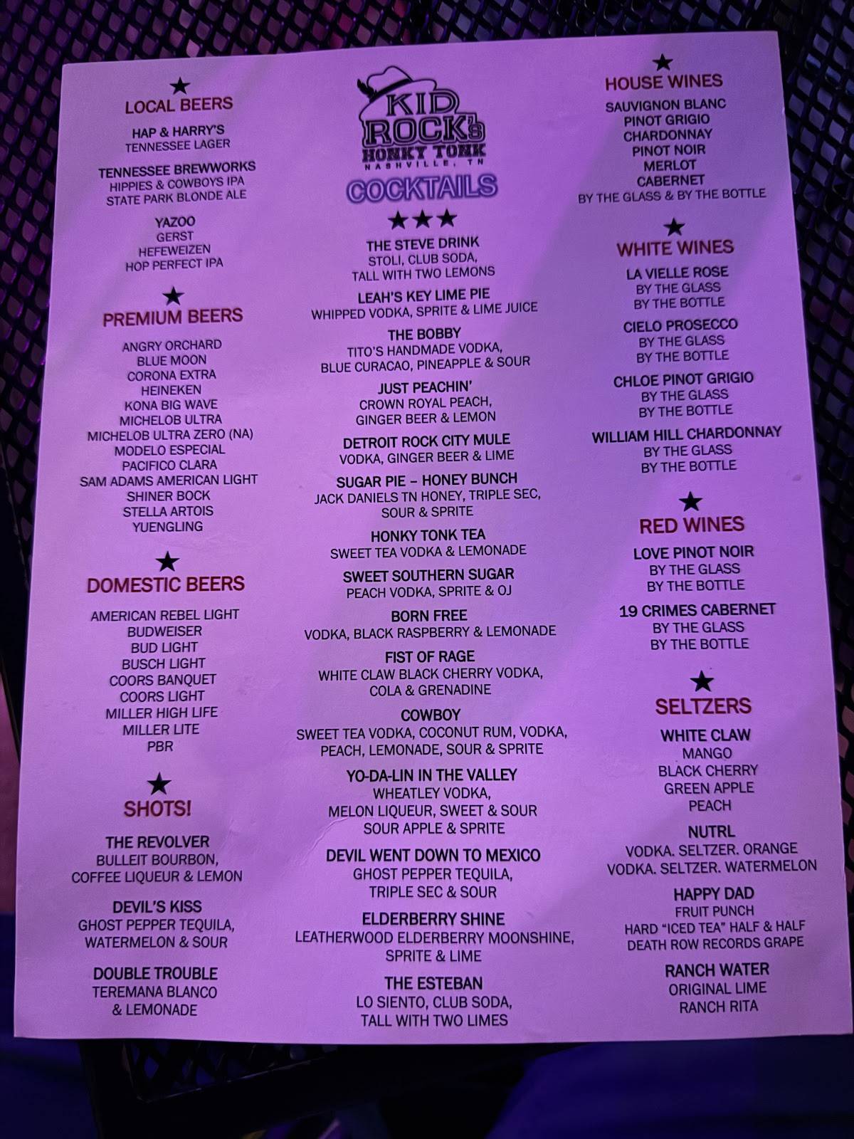Menu at Kid Rock's Big Ass Honky Tonk Rock N' Roll Steakhouse, Nashville
