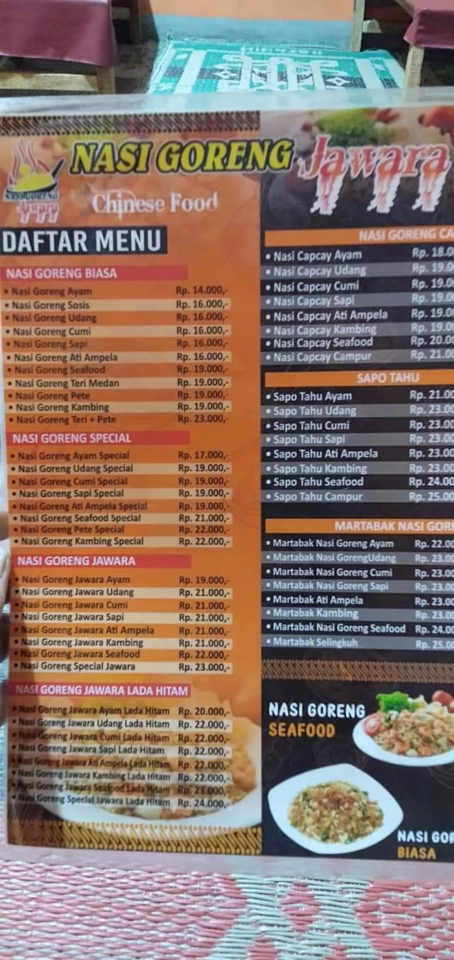 Carta del restaurante Nasi goreng jawara dan Chinese food, Pasir Jambu