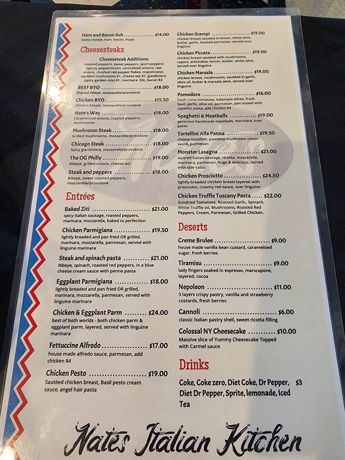 Menu at Nate's Italian Kitchen restaurant, Tucson