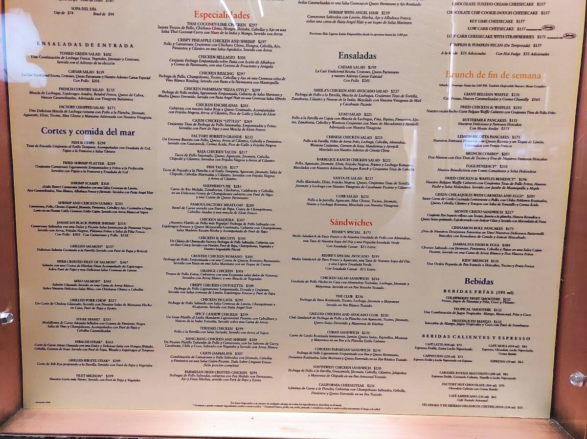 Carta del restaurante The Cheesecake Factory Satélite, Naucalpan del Juárez