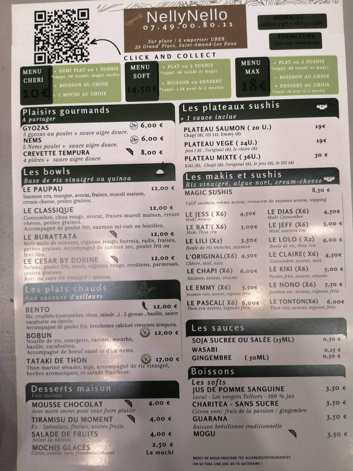 Menu au Nelly Nello restaurant, Saint-Amand-les-Eaux