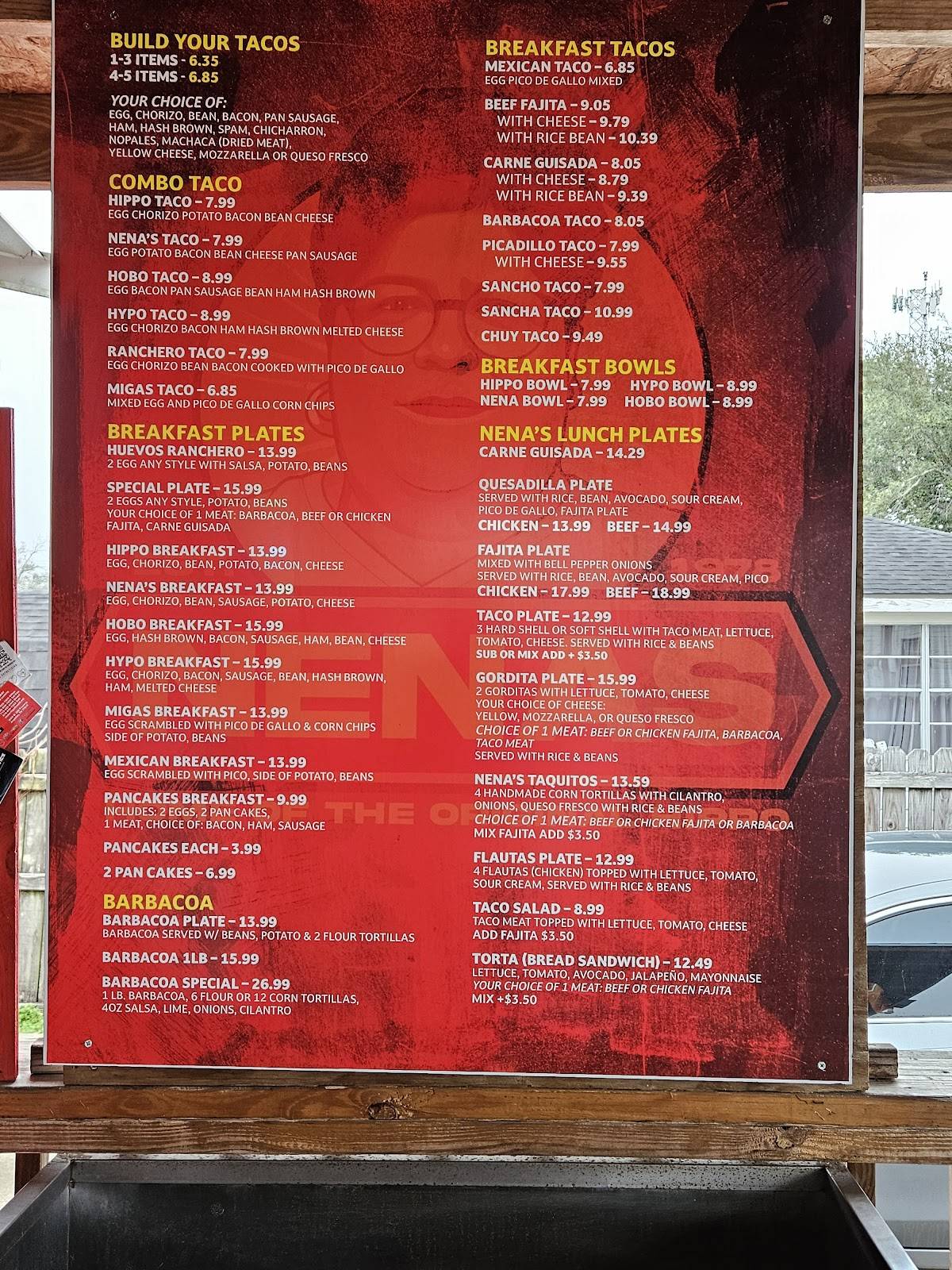 Carta del pub y bar Nena’s Tacos, Angleton