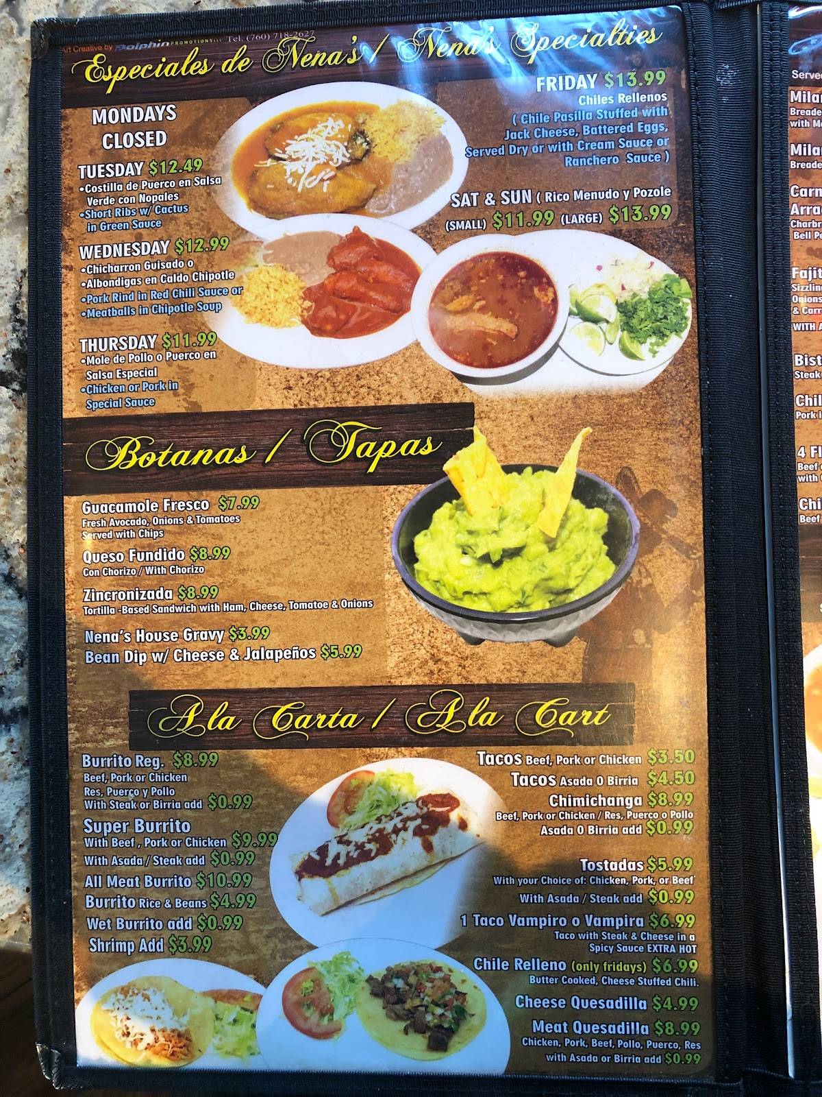 Menu at Nena's on B St restaurant, Stockton, S B St