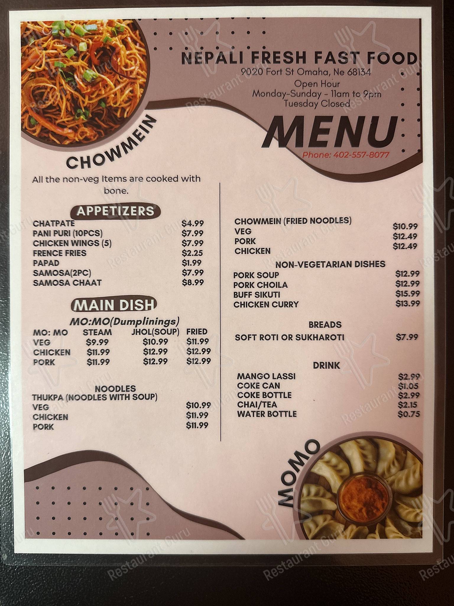 Menu at Nepali fresh fast food restaurant, Omaha