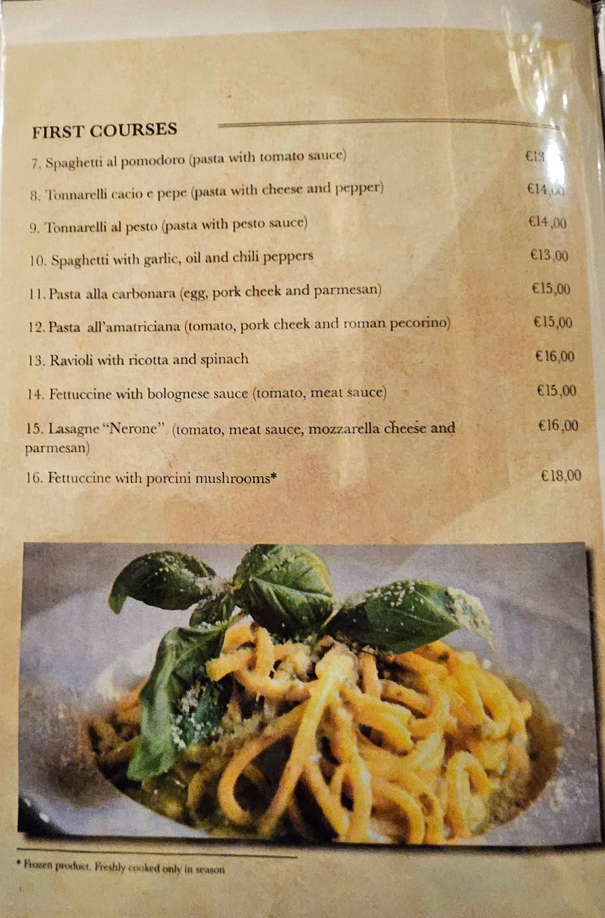 Menu at Nerone pizzeria, Rome, Via del Viminale