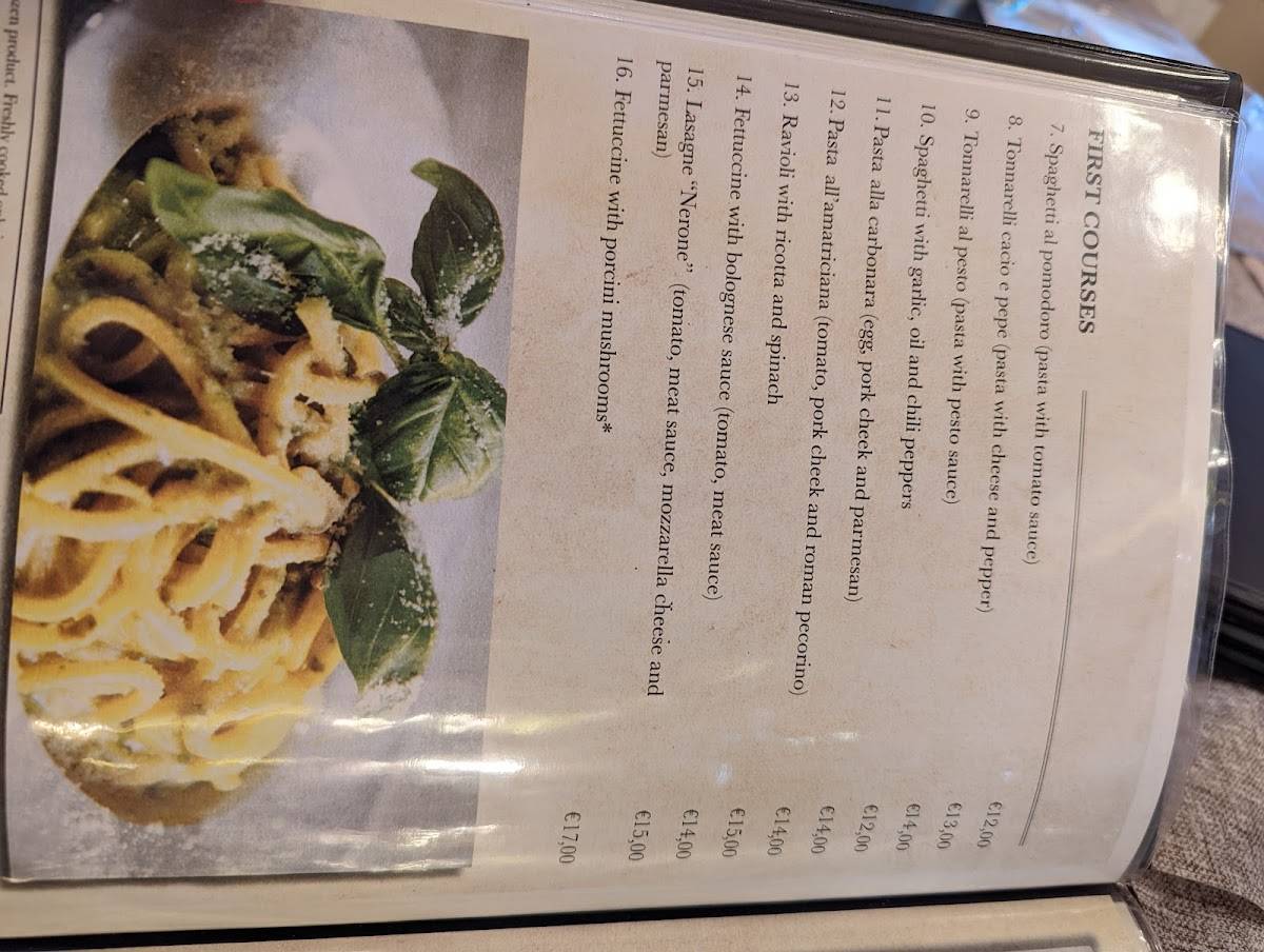 Menu at Nerone pizzeria, Rome, Via del Viminale