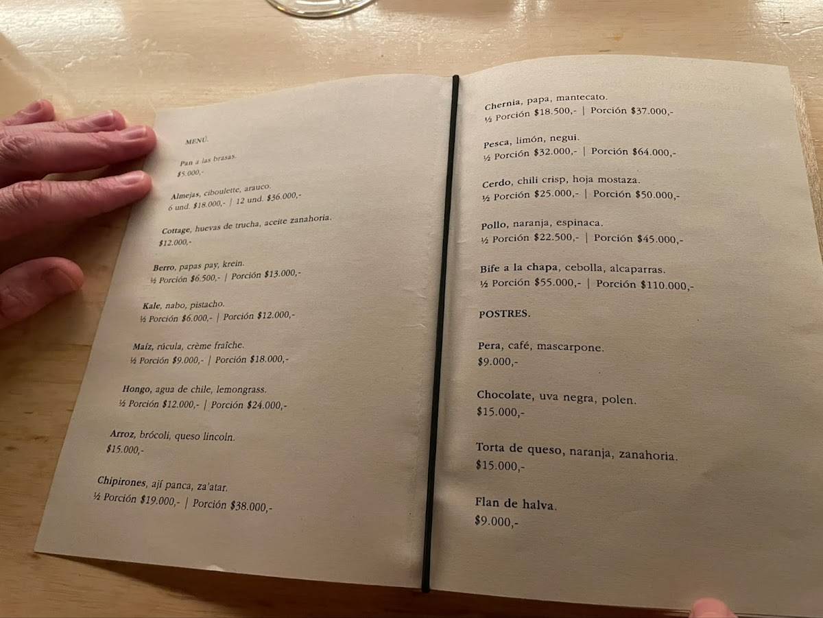 Menu at Ness restaurant, Buenos Aires, Grecia 3691