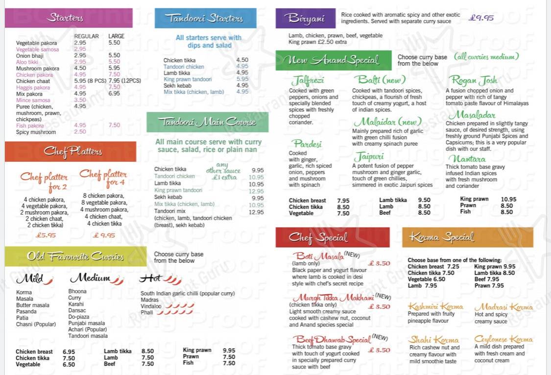 Menu at New Anand restaurant, Glasgow, 76 Nithsdale Rd