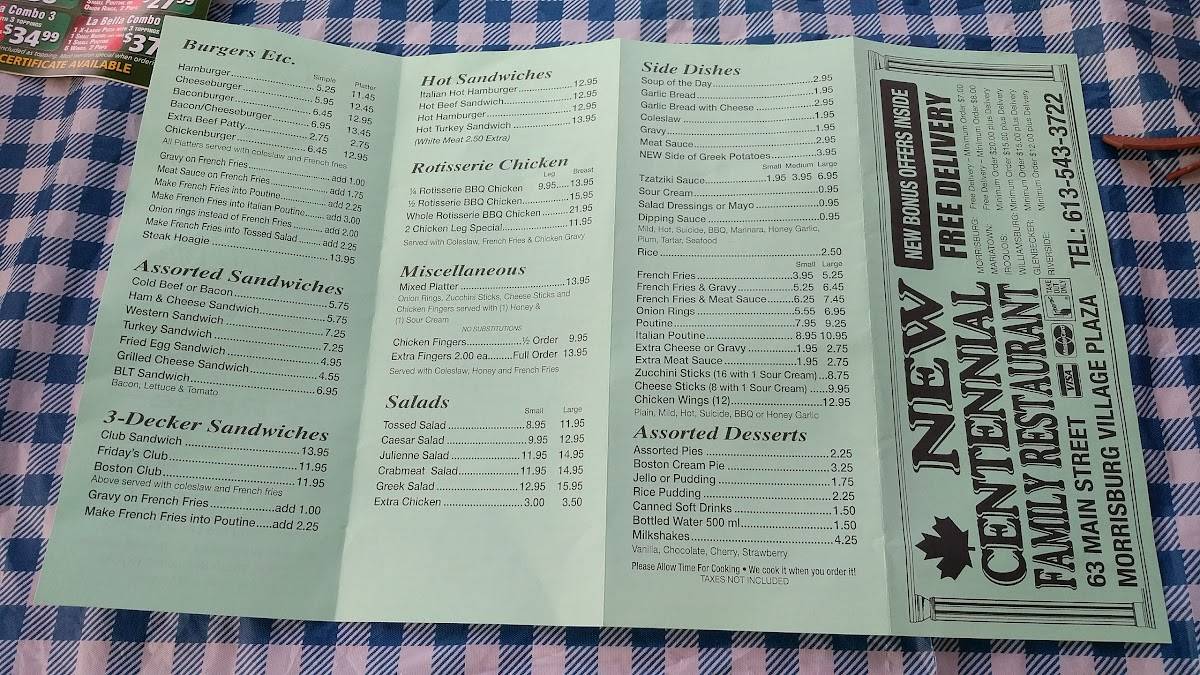 Menu at New Centennial Restaurant & Dining Lounge, Morrisburg