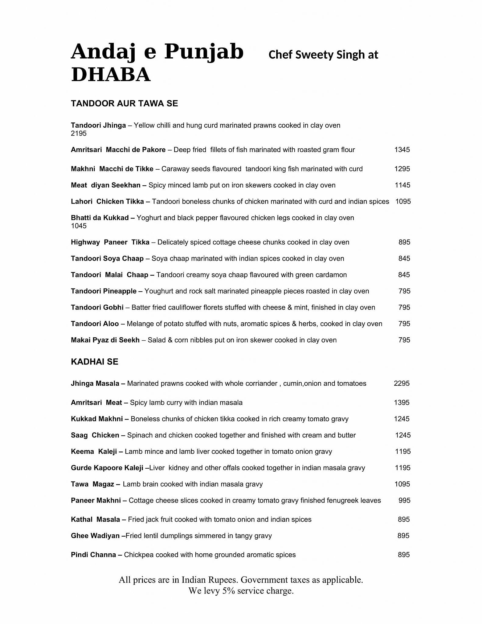 Menu at Dhaba, New Delhi, The Claridges