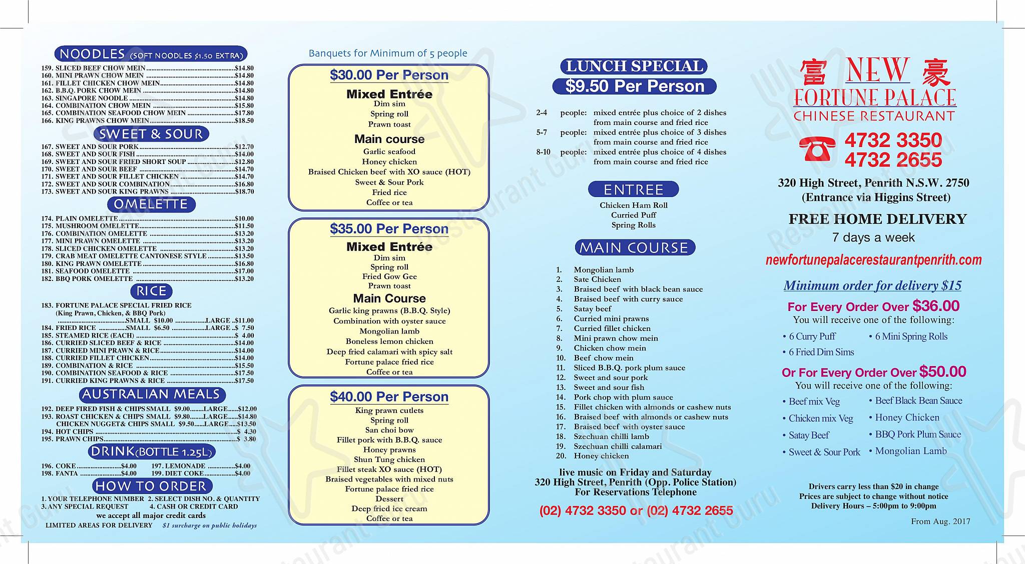 Menu at New Fortune Palace restaurant, Penrith