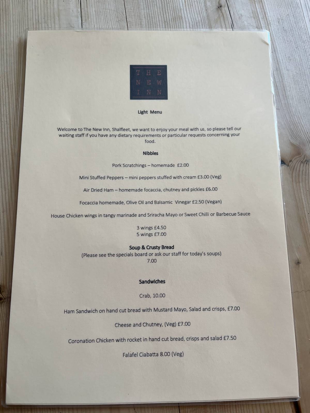 Menu at New Inn pub & bar, Shalfleet, Main Road