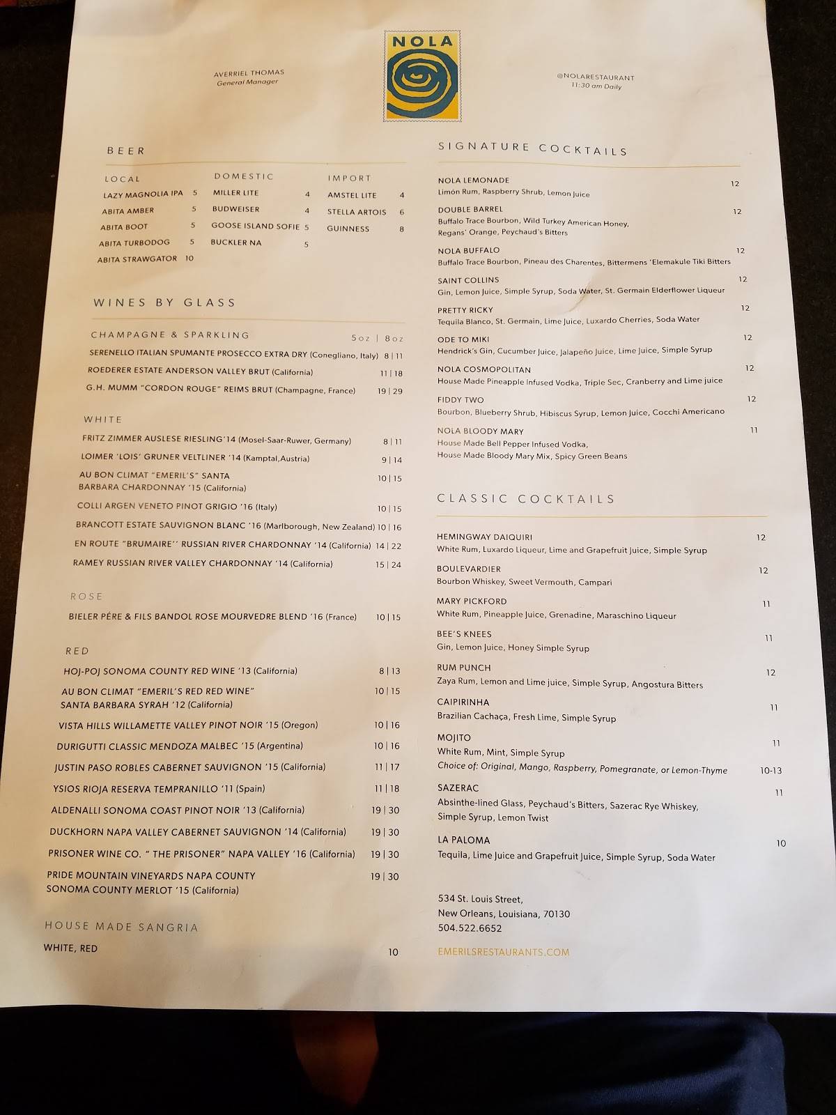 Menu at NOLA Restaurant, New Orleans