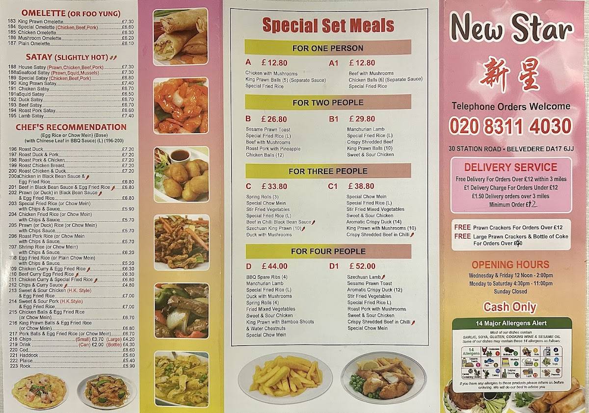 Menu at New Star restaurant, Belvedere, 30 Station Rd