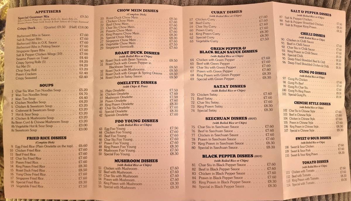 Menu at New World restaurant, Wallasey