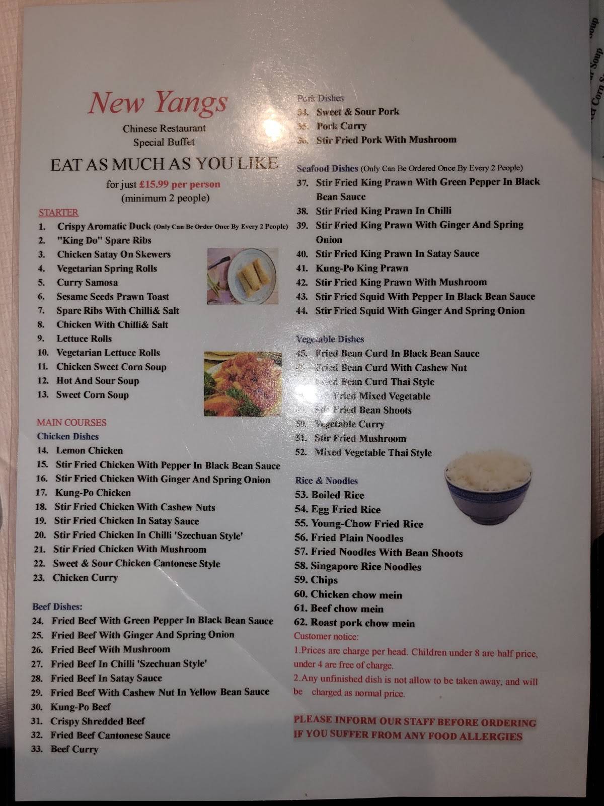 Menu at New Yang's restaurant, Barry, 15 Thompson St