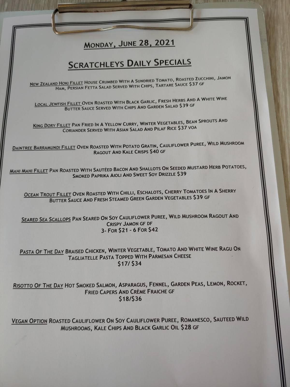 Menu at Scratchleys on the Wharf restaurant, Newcastle, 200 Wharf Rd