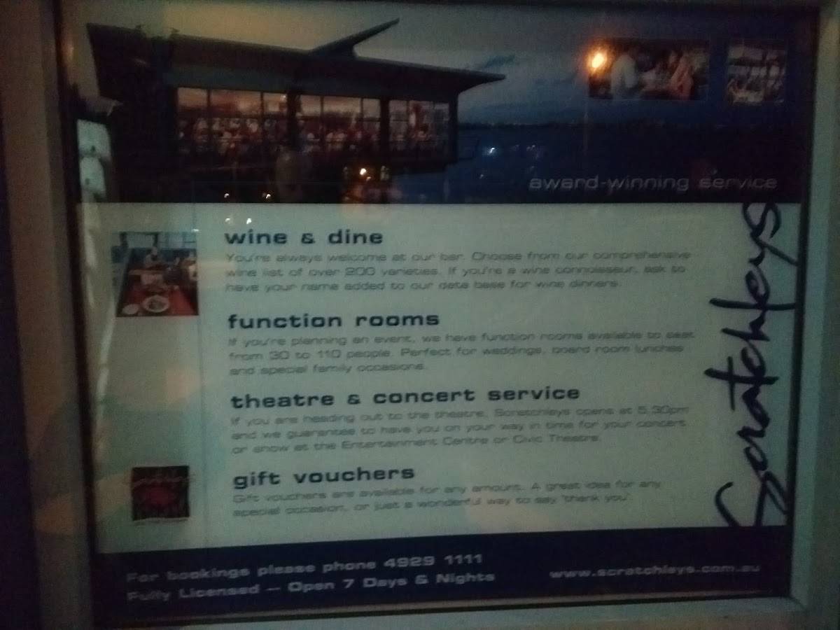 Menu at Scratchleys on the Wharf restaurant, Newcastle, 200 Wharf Rd