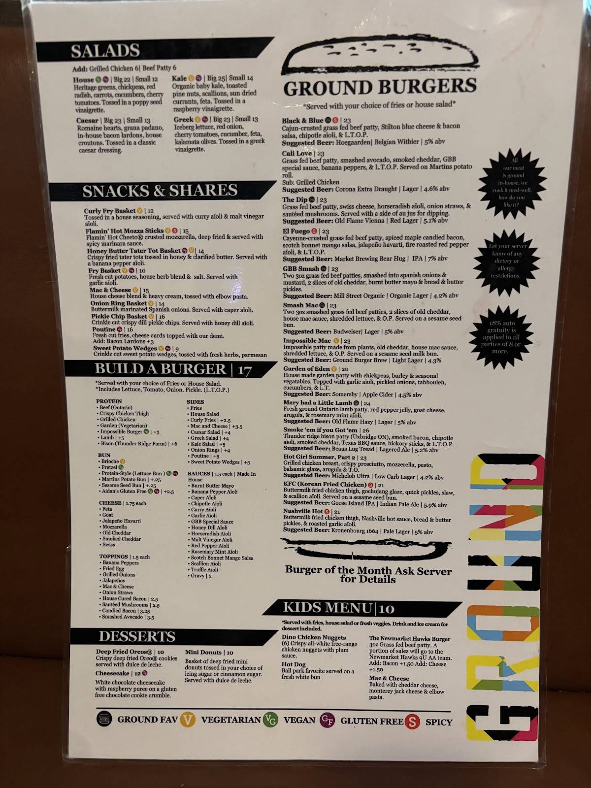 Menu at Ground Burger Bar, Newmarket