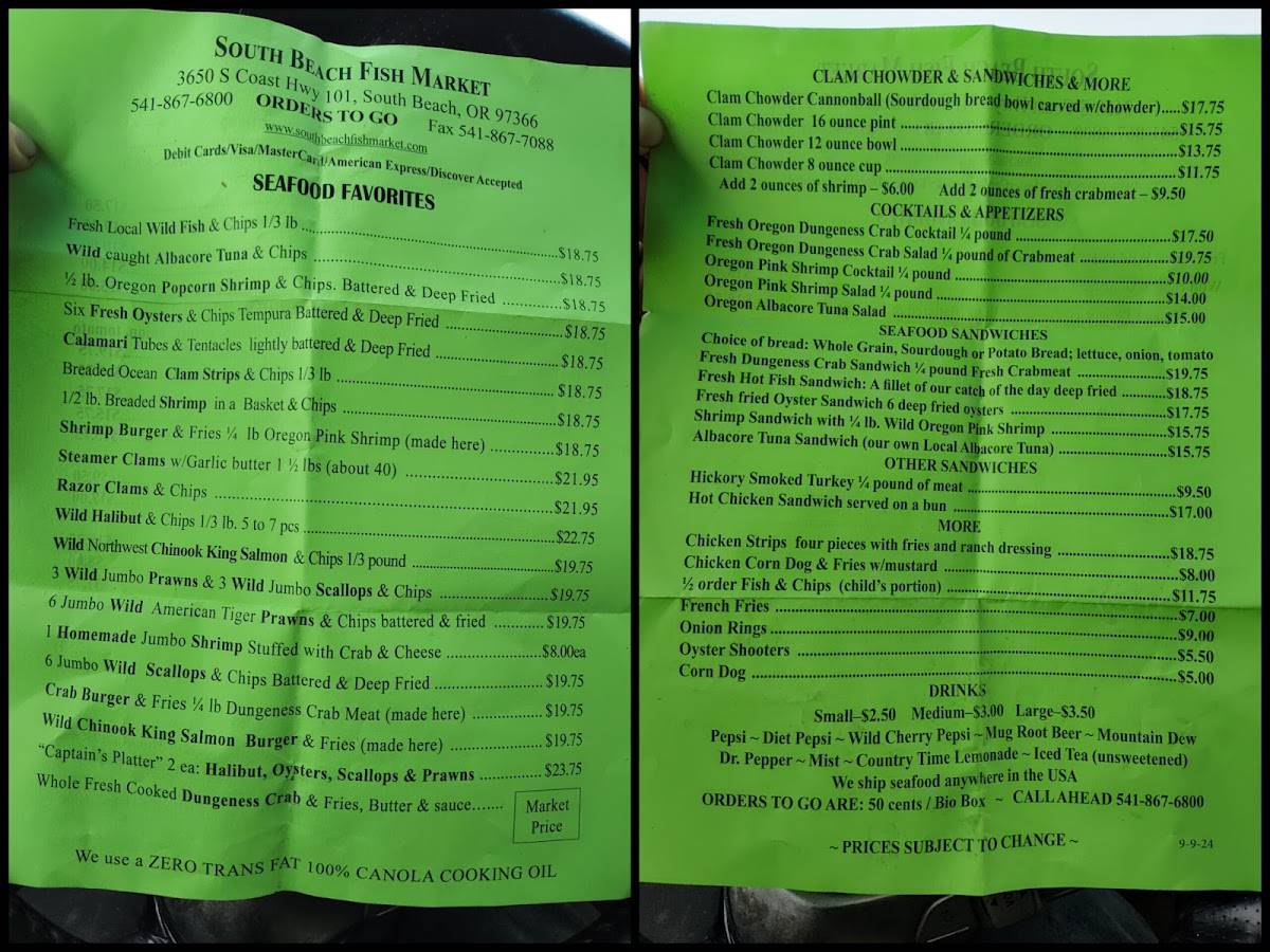 Menu at South Beach Fish Market restaurant, Newport
