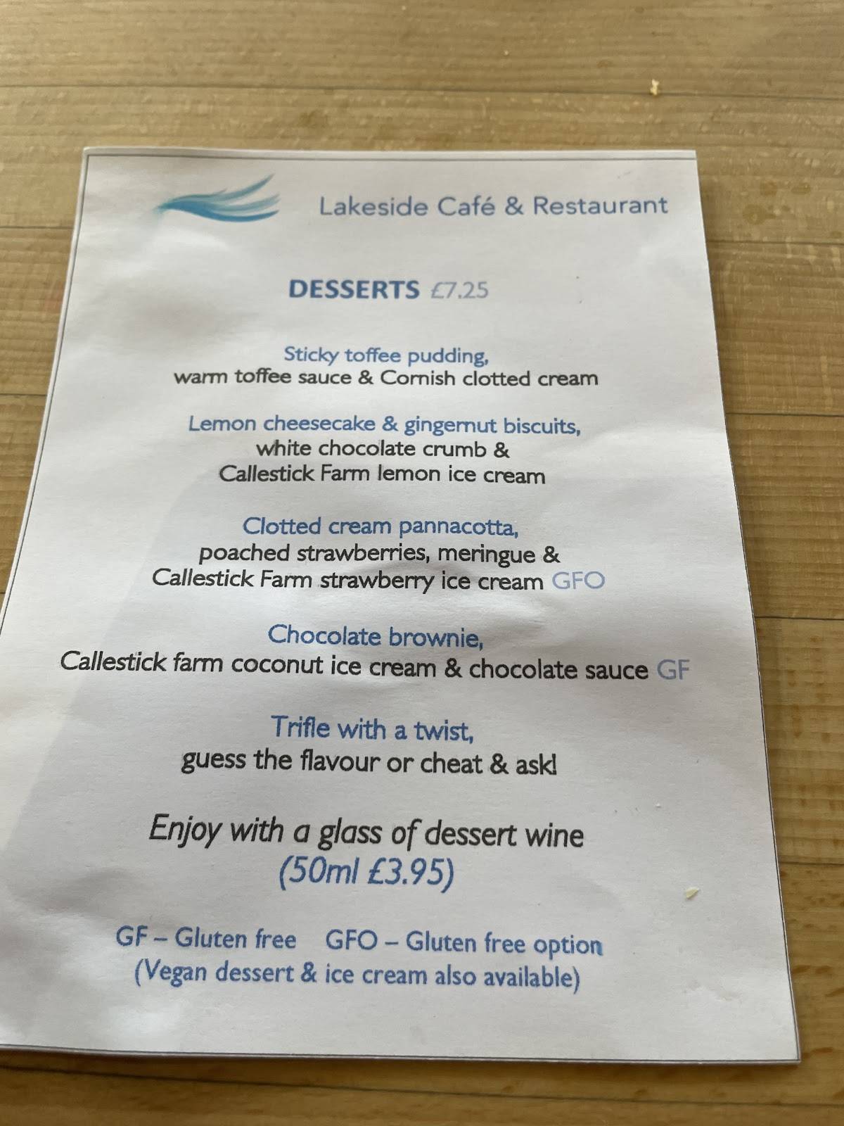 Menu at Lakeside Cafe, Newquay