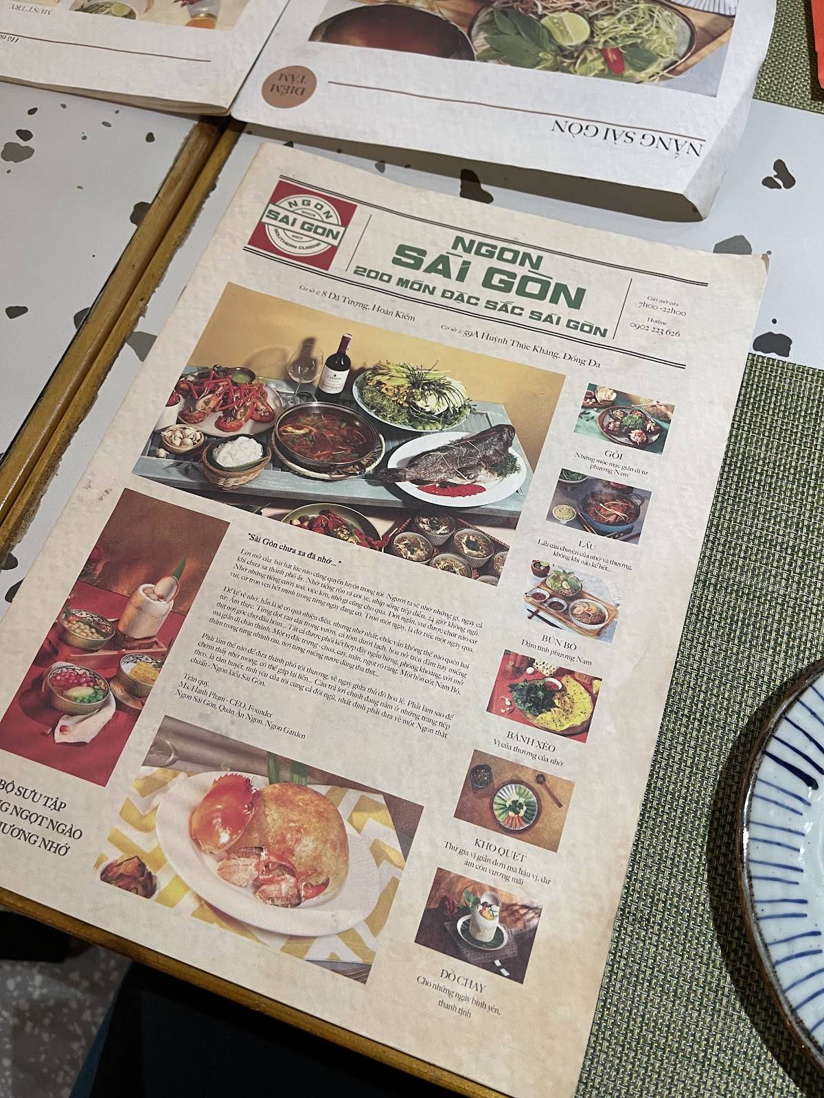 Menu at Ngon Sài Gòn restaurant, Hanoi, 8 P. Dã Tượng