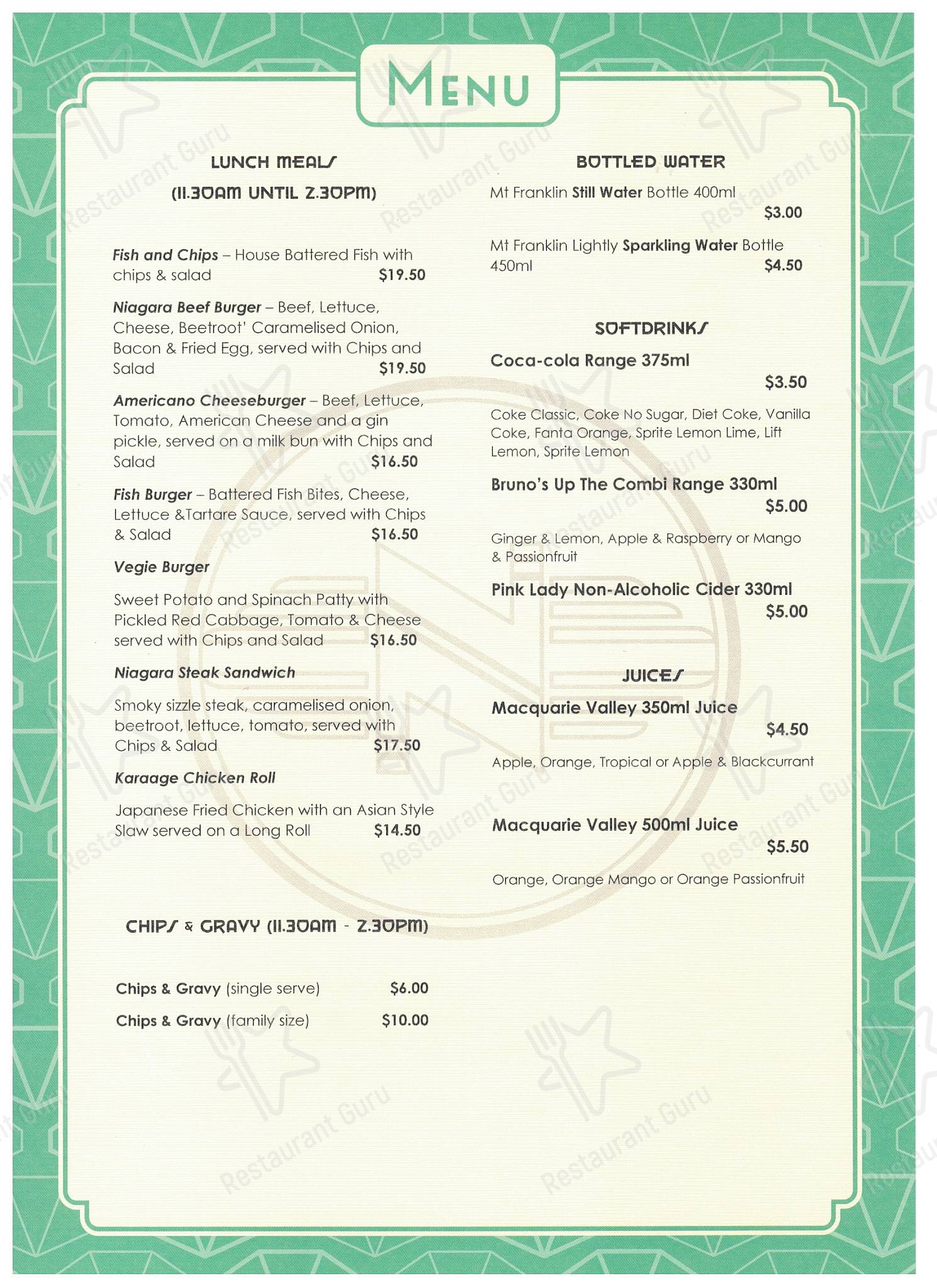 Menu at Niagara Cafe, Gundagai
