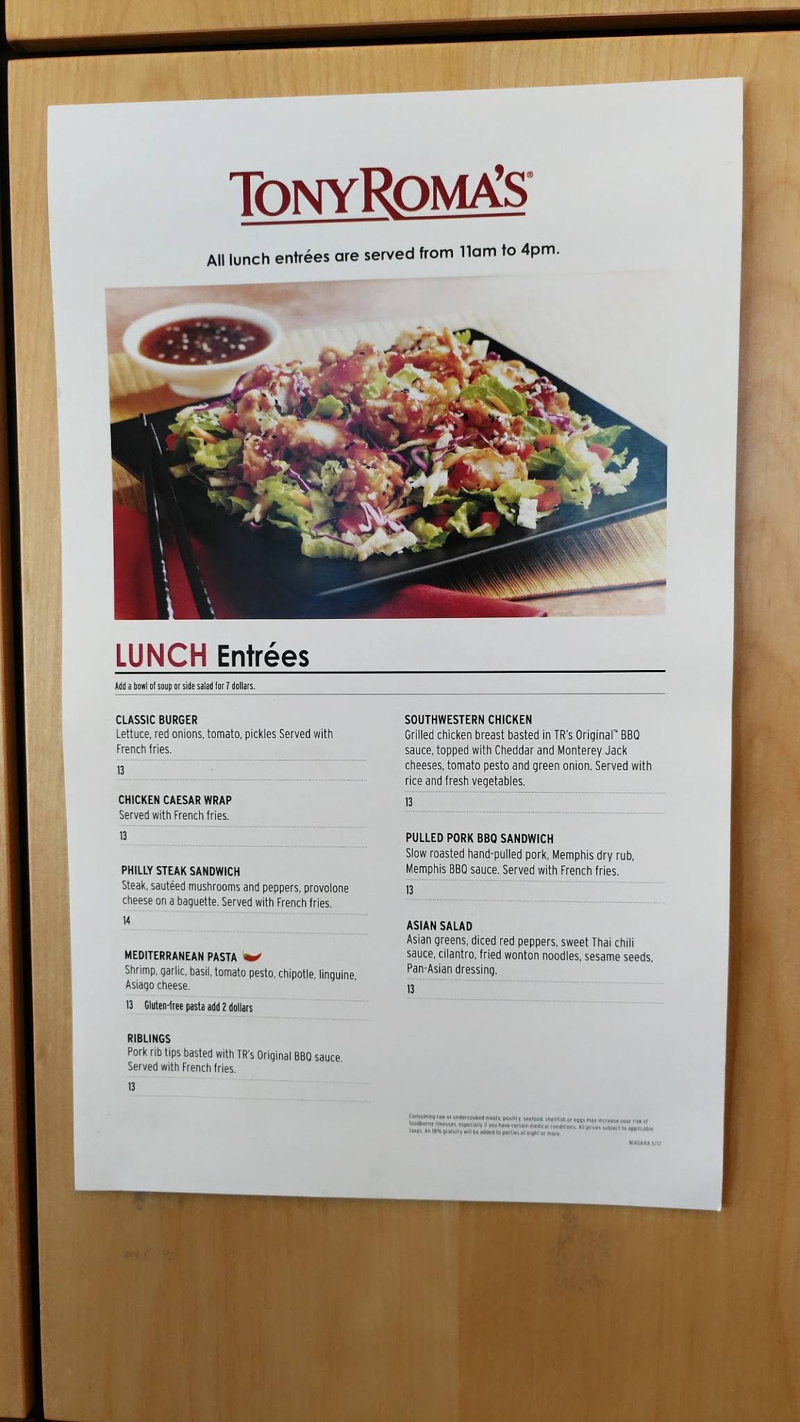 Menu at Tony Roma's BBQ, Niagara Falls, Fallsview Blvd