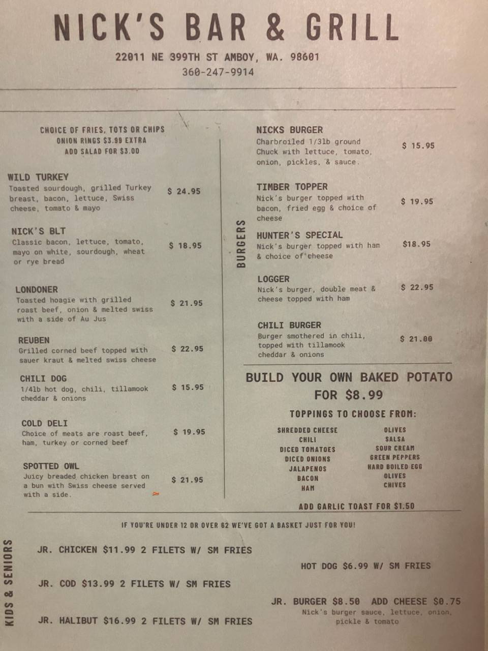 Menu at Nick's Bar & Grill, Amboy