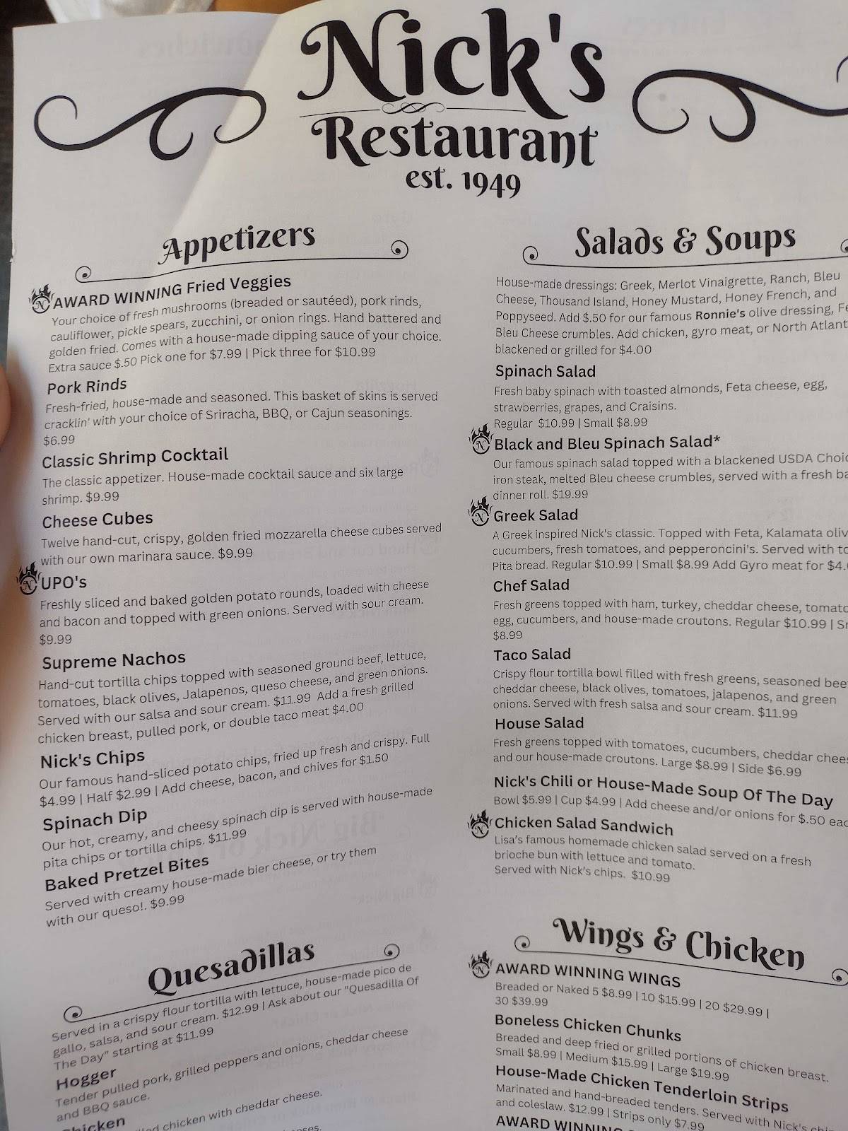 Menu at Nick's Restaurant, Xenia