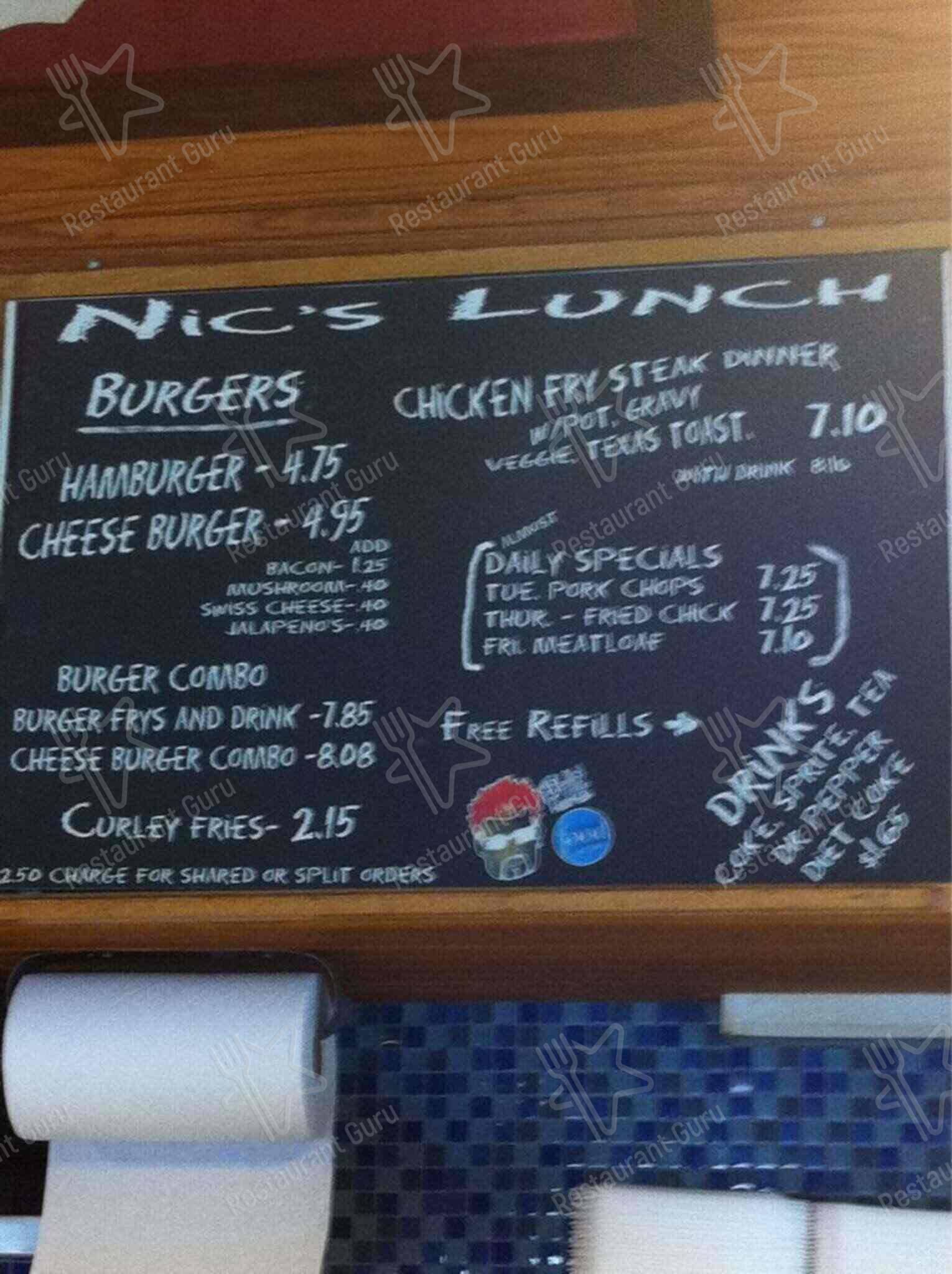 Menu at Nic's Grill restaurant, Oklahoma City