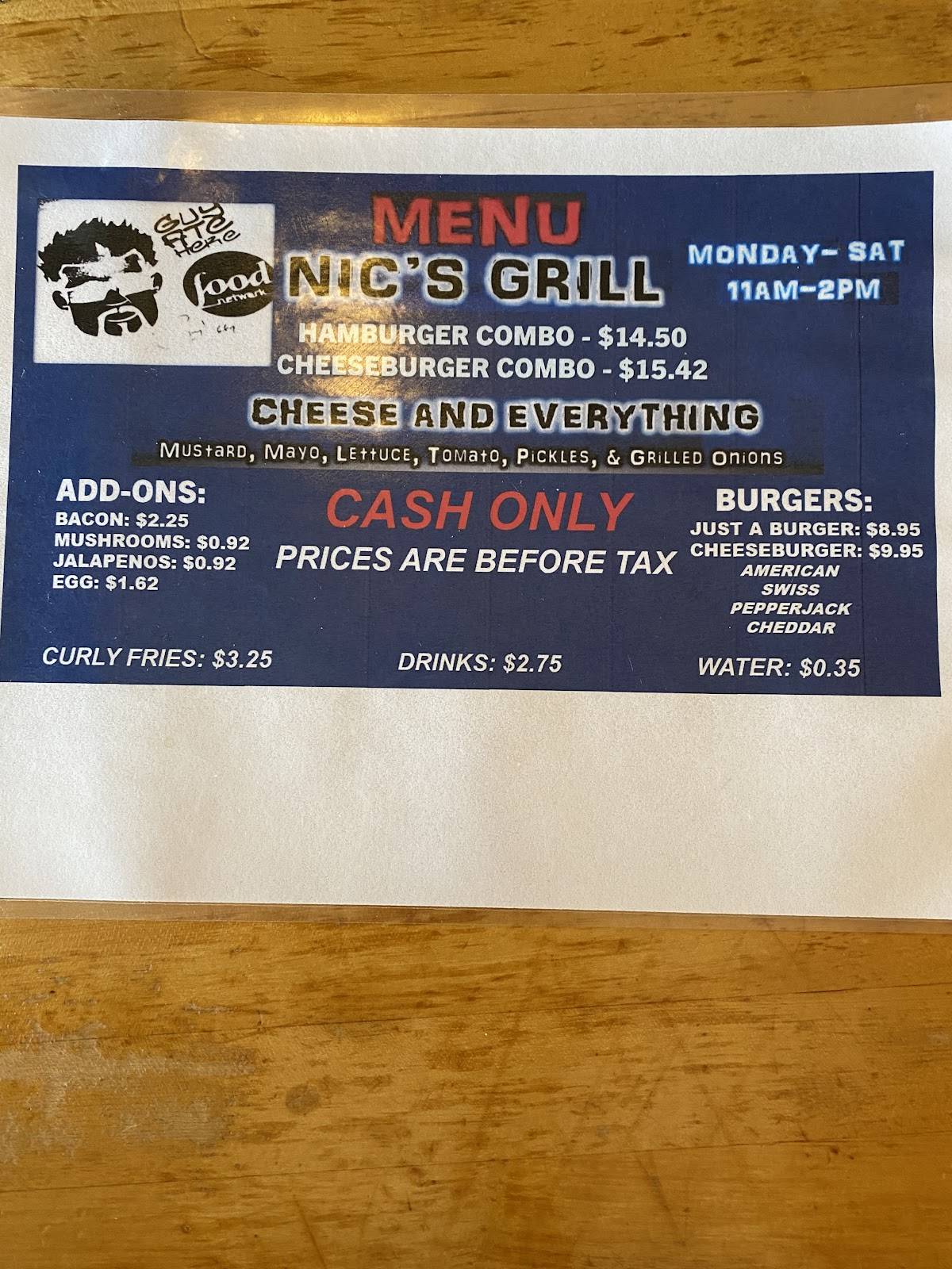 Menu at Nic's Grill restaurant, Oklahoma City
