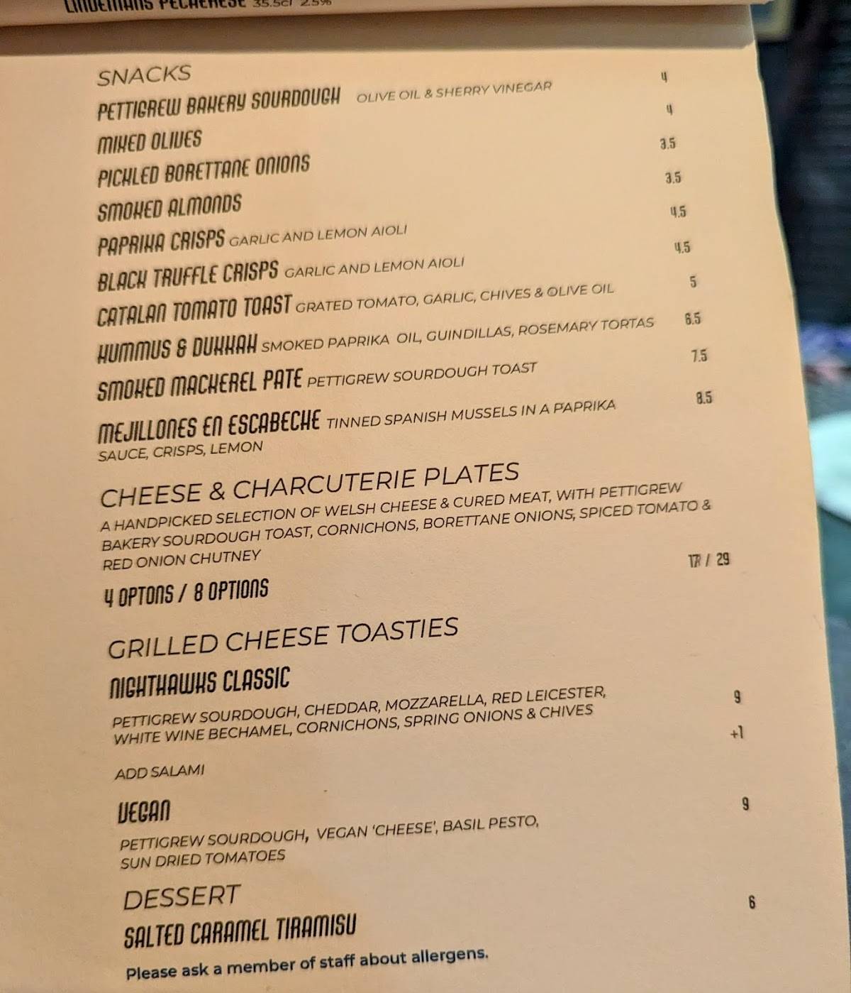 Menu at Nighthawks pub & bar, Cardiff