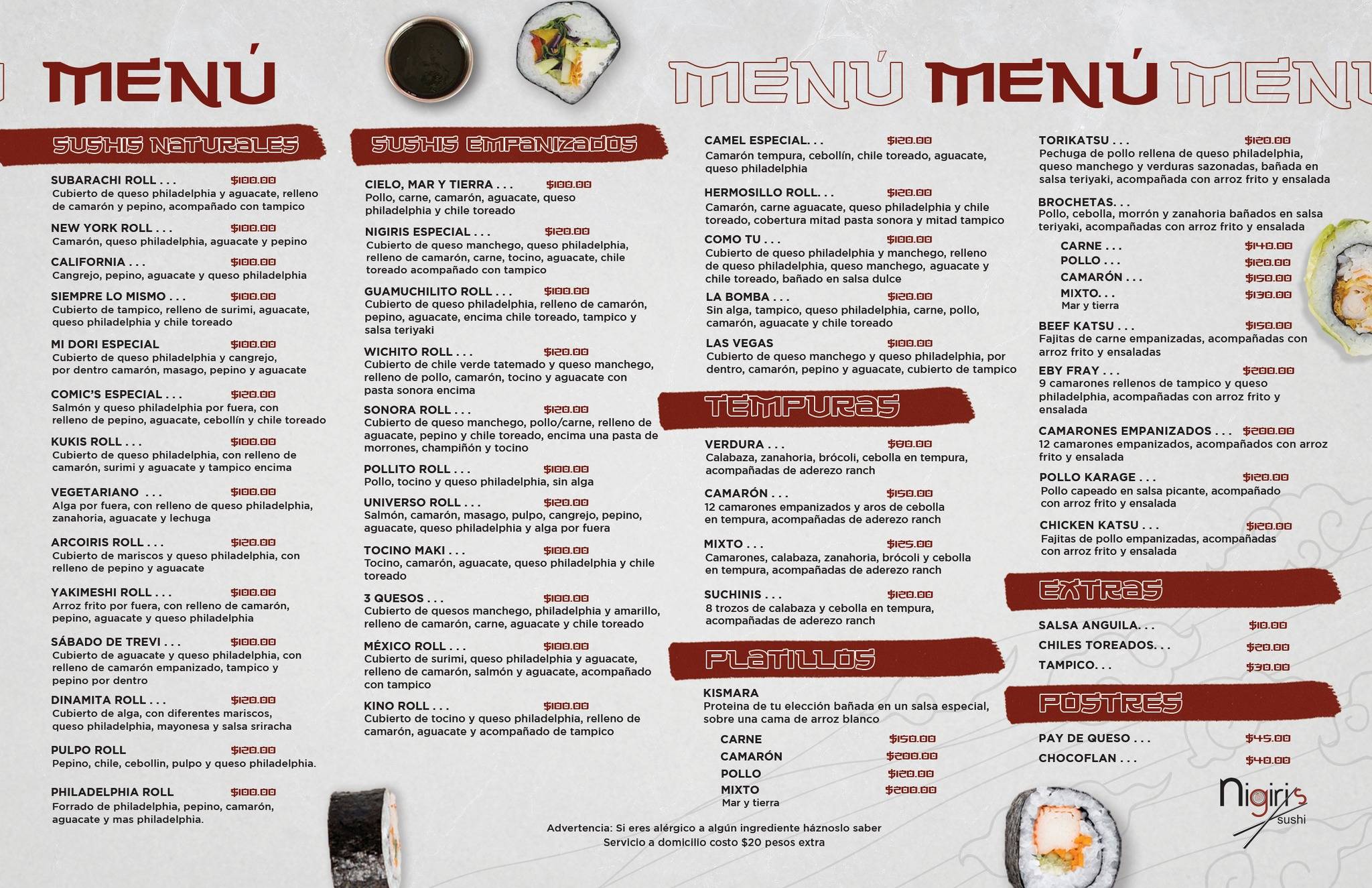 Carta del restaurante Nigiris sushi pedregal, Heroica Nogales
