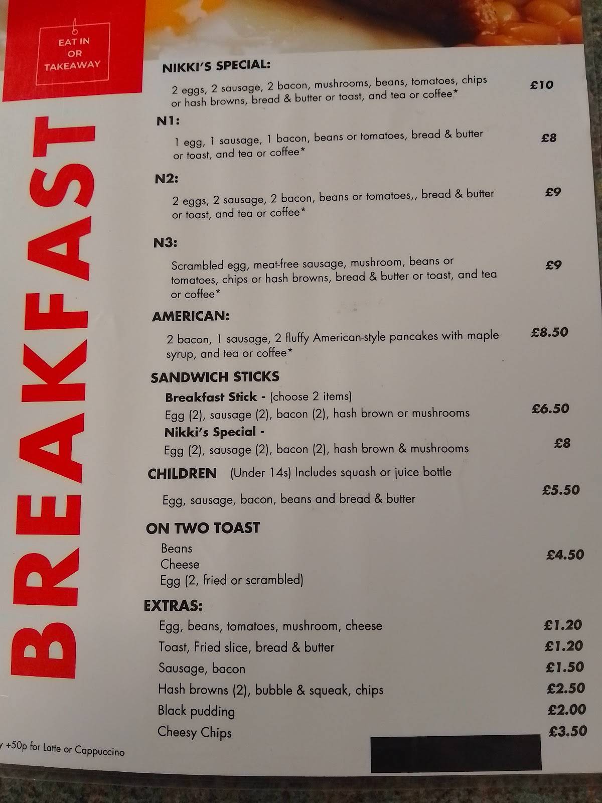 Menu at Nikki D’s cafe, Lydd