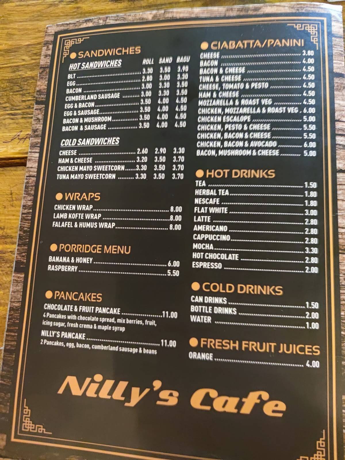 Menu at Nilly's Cafe, London