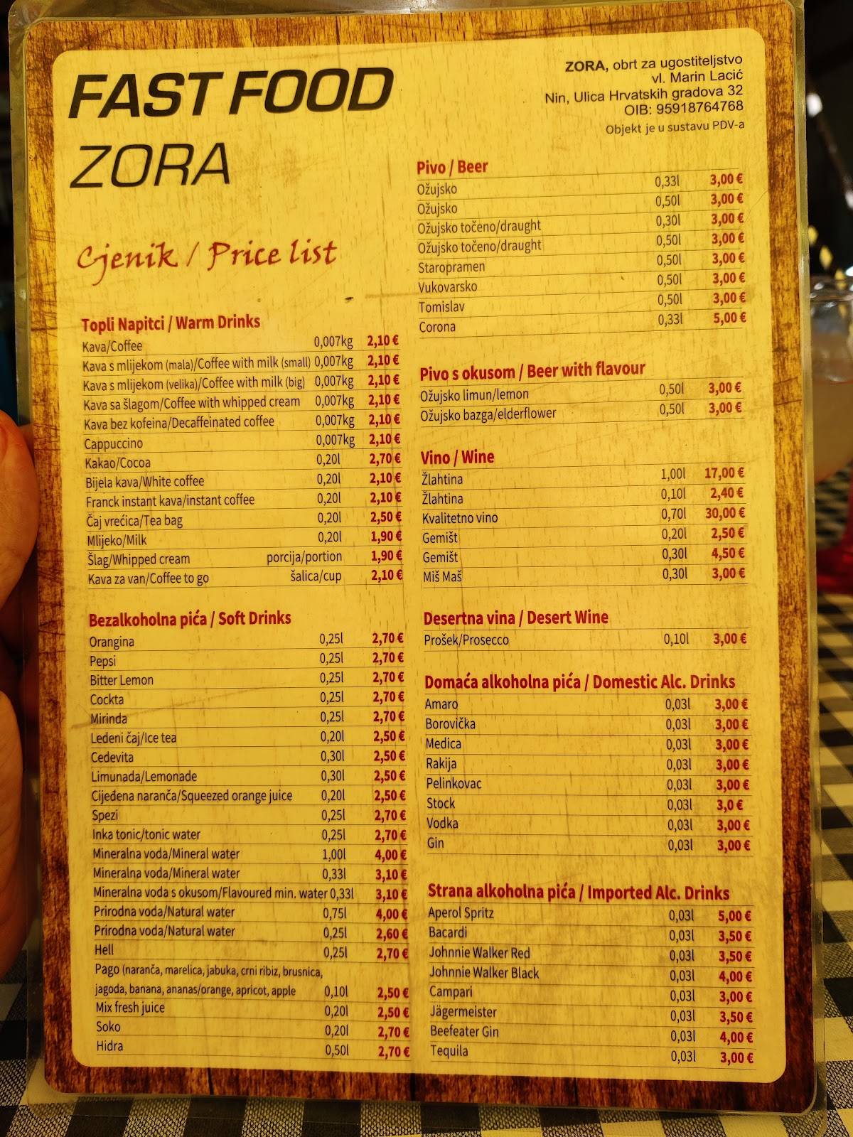 Menu at Caffe Zora cafe, Nin