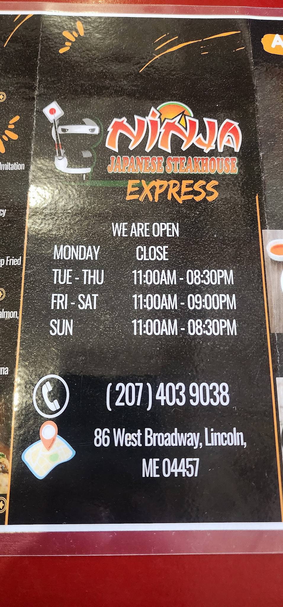 Menu at Ninja Japanese Steakhouse Express, Lincoln