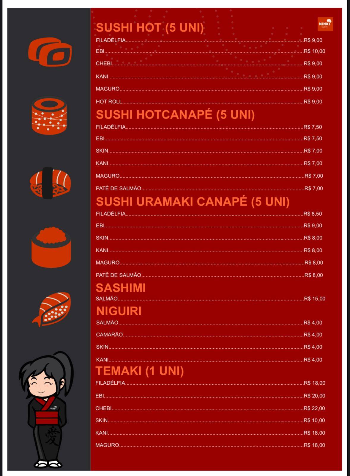 Menu em Ninki Sushi restaurante, Milagres
