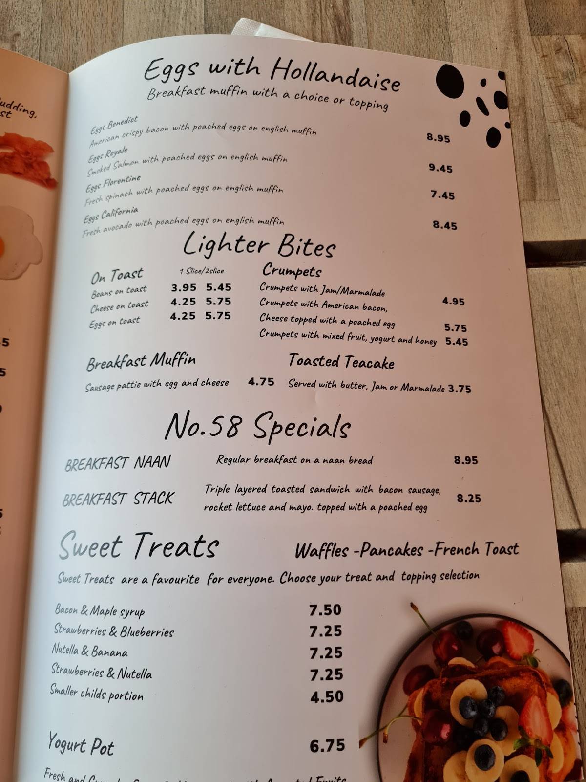 Menu at No.58 cafe, Nottingham