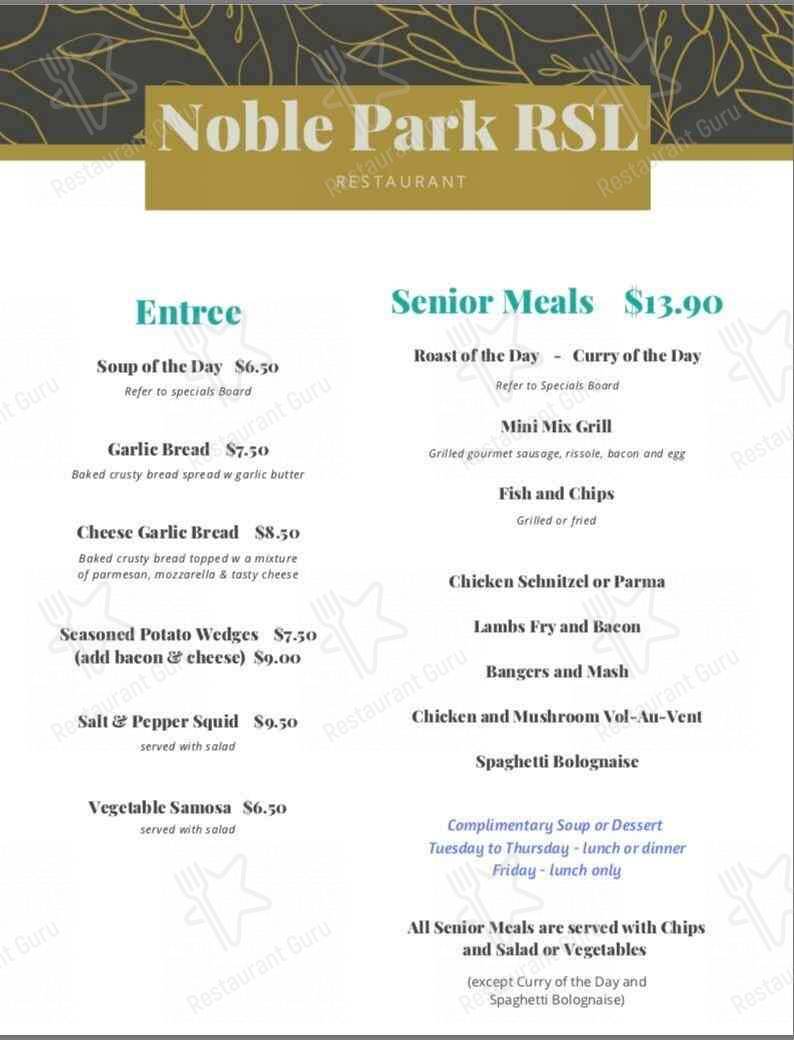 Menu at Noble Park RSL restaurant, Noble Park