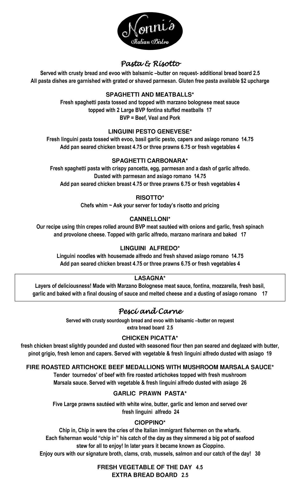 Menu at Nonni's Italian Bistro restaurant, Seaside