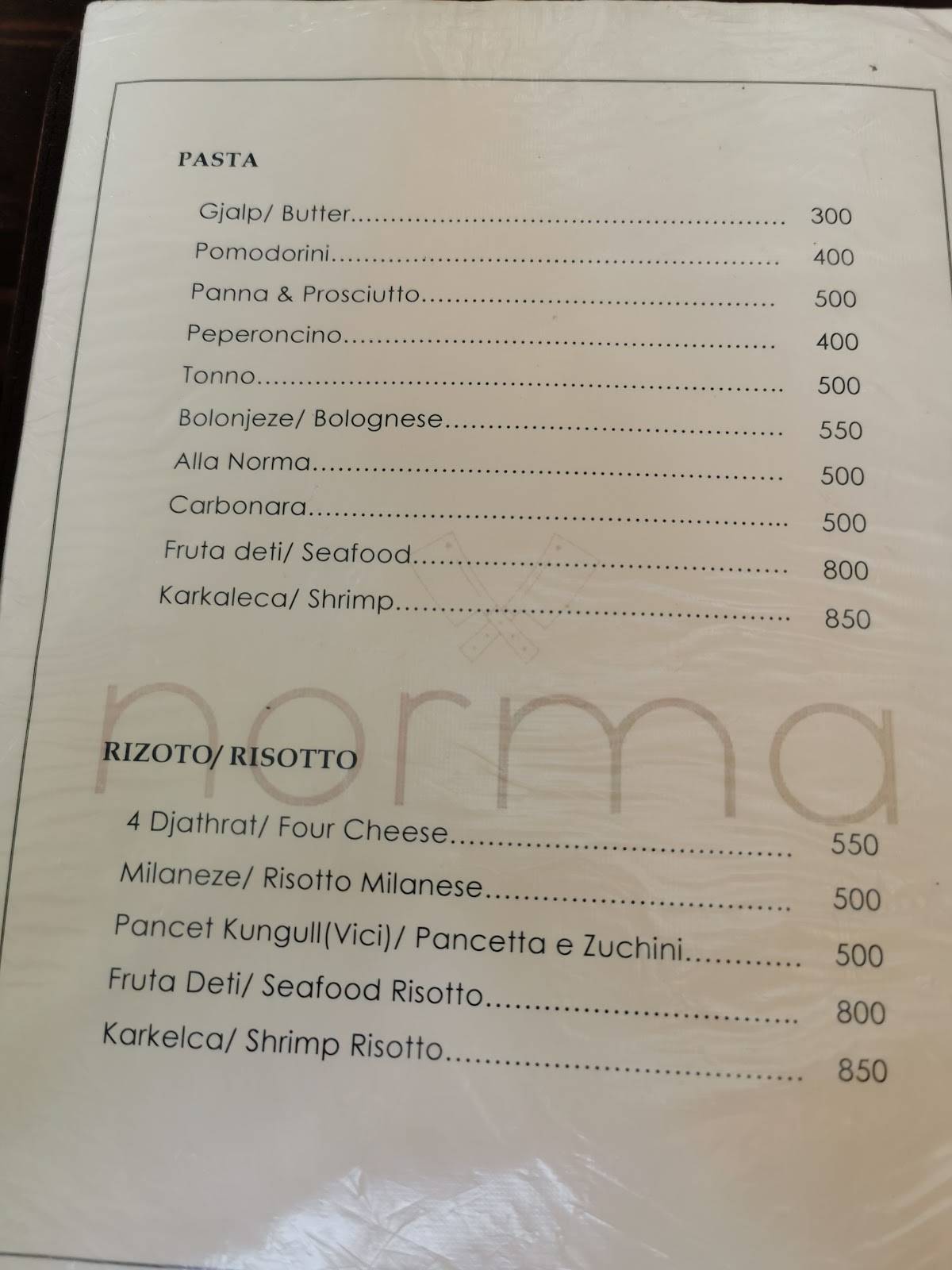 Menu at Norma Restaurant & Grill, Velipojë