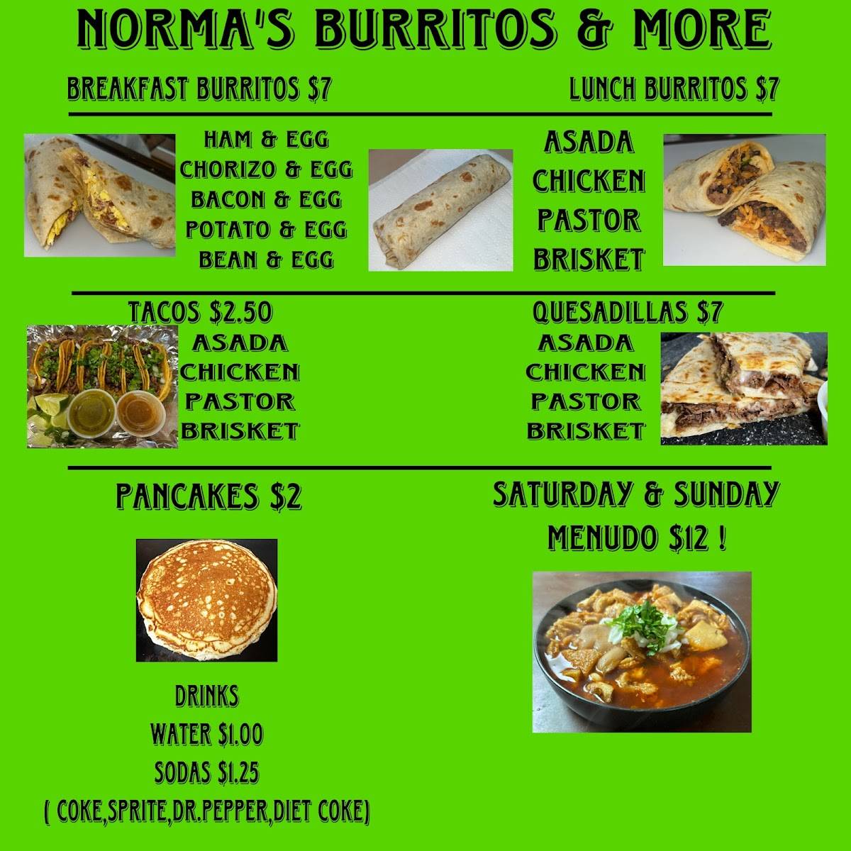 Menu at Norma’s Burritos and more… restaurant, Burleson