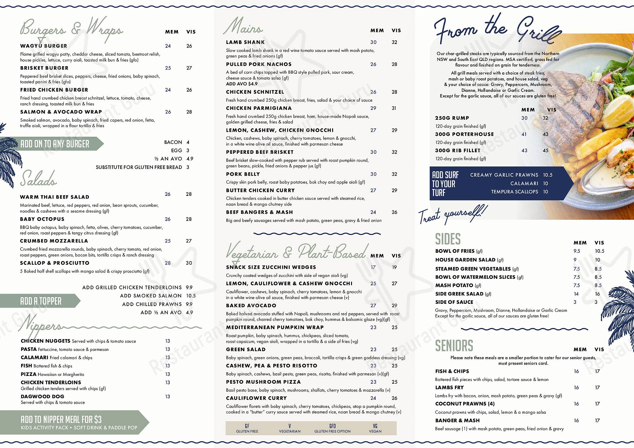 Menu at North Kirra SLSC restaurant, Bilinga