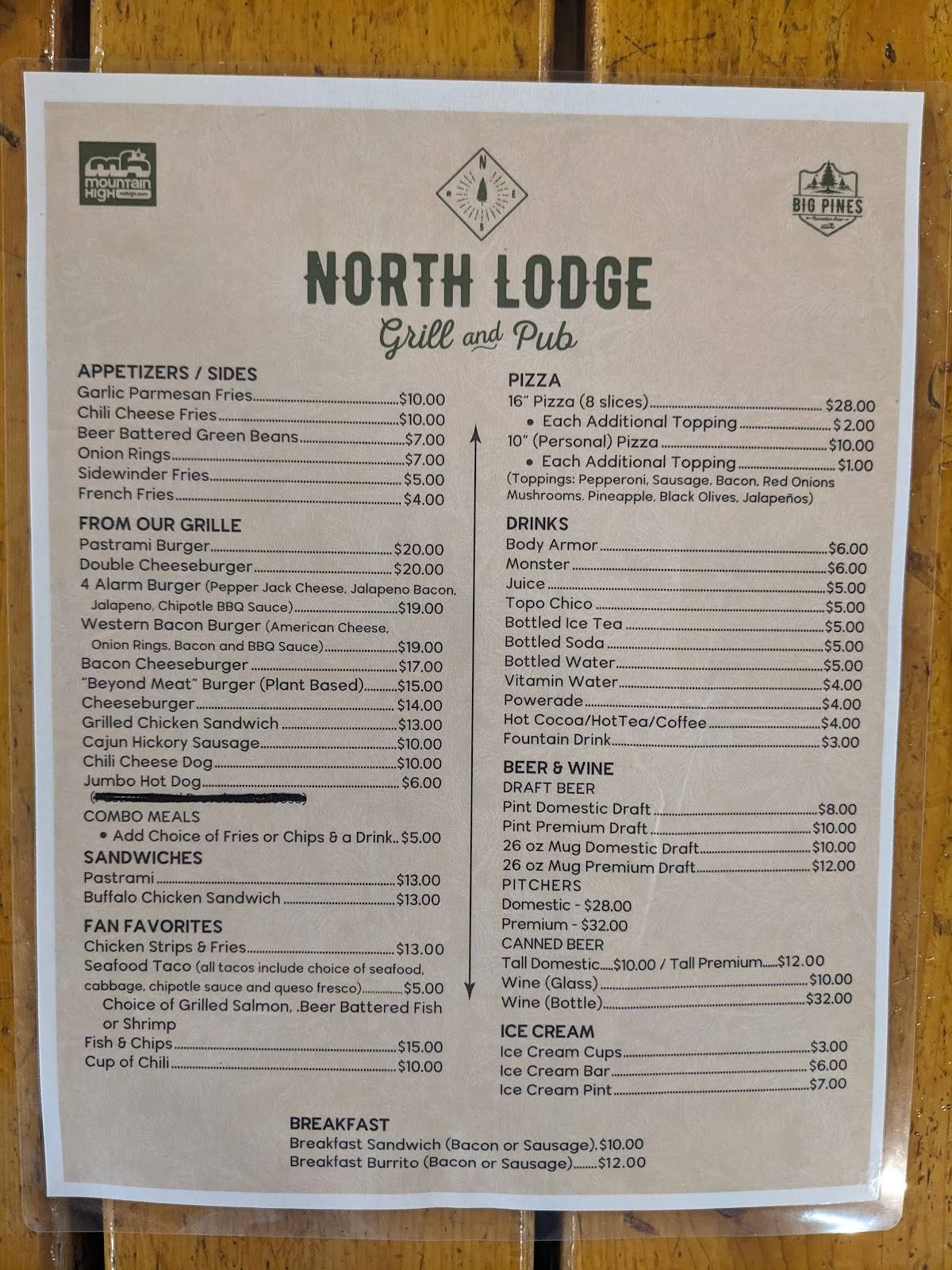 Menu at North Lodge Grill & Pub - Mt High, Pinon Hills