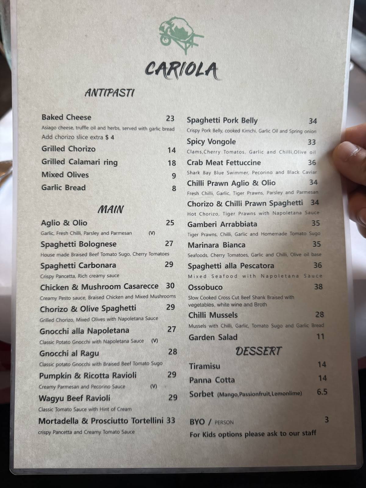 Menu at Cariola restaurant, North Perth