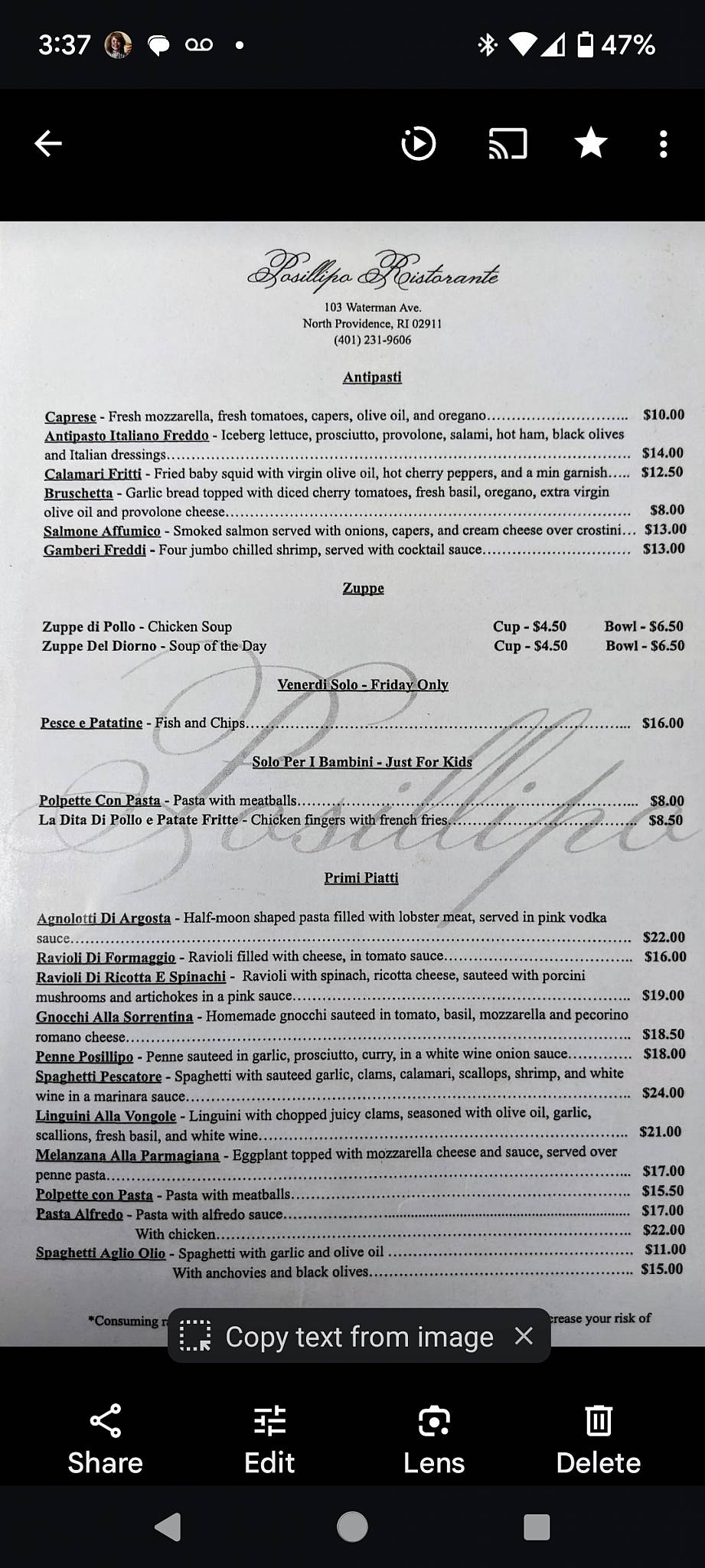 Menu at Posillipo restaurant, North Providence